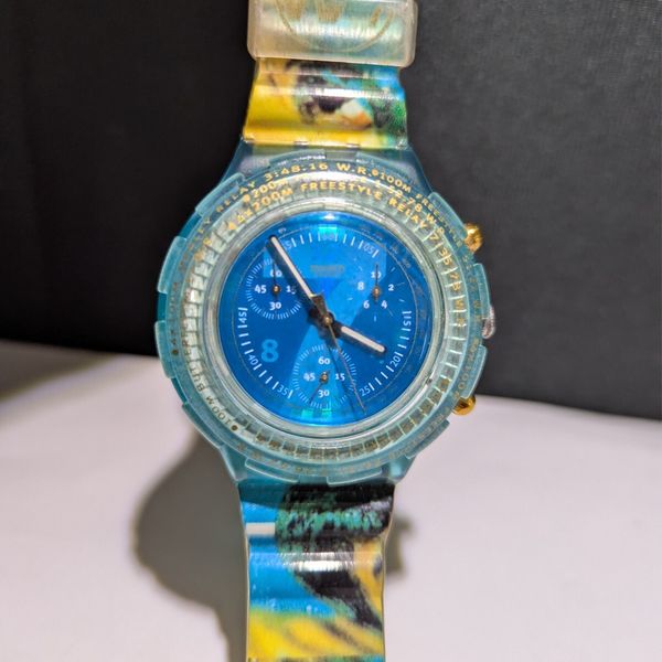 VINTAGE SWATCH WATCH MARK SPITZ 1996 OLYMPICS AQUA CHRONO W/CASE NEW ...