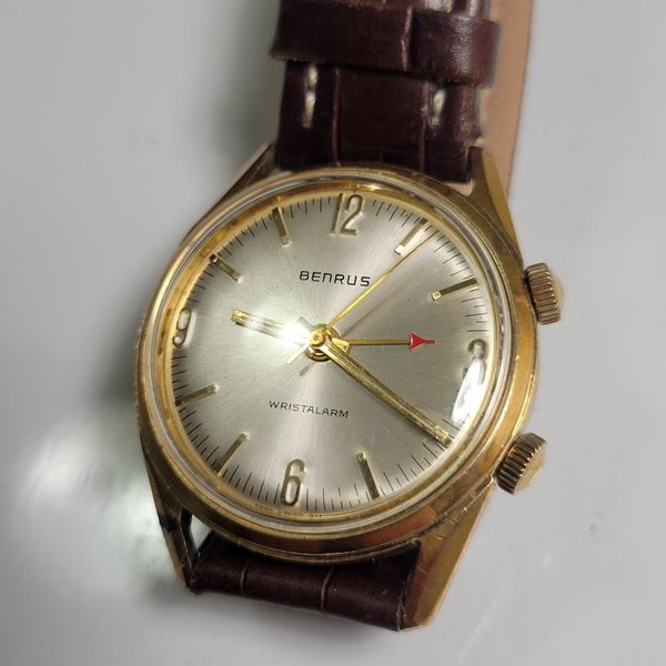 Vintage Mens Benrus Mechanical Wrist Alarm Dress Watch Gold Tone Case ...