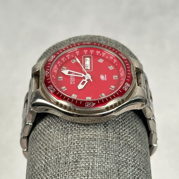 Fossil Blue Watch Mens 38mm Day Date Round Red Dial Silver Tone 7" New ...