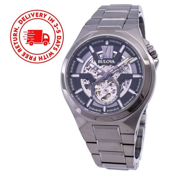 Bulova Maquina Black Skeleton Dial 21 Jewels 98A179 Automatic 100M Mens ...