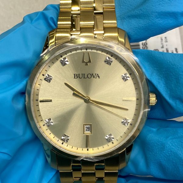 BULOVA MEN'S SUTTON DIAMOND CHAMPAGNE DIAL GOLD DRESS DATE WATCH 97D123 ...