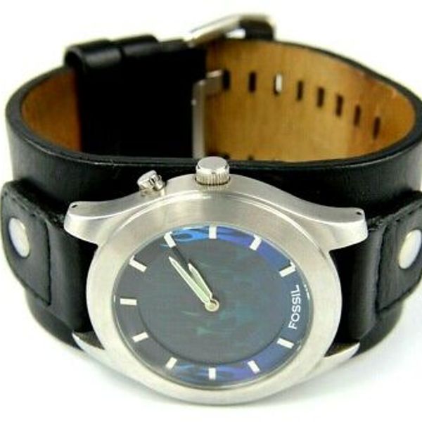 Fossil Mens Cuff Leather Band Animated Blue Flames Dial Watch JR-8199 ...