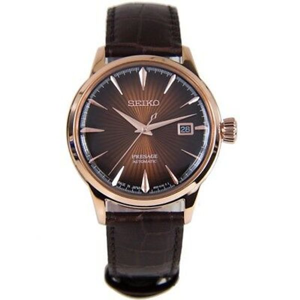 Seiko Men's Presage Automatic Rose Gold Stainless Steel Leather Watch ...