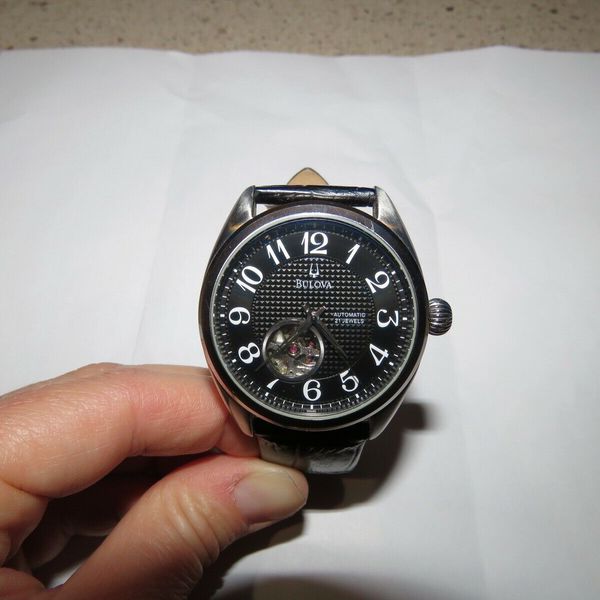 Bulova Automatic 21 Jewels Analog Black Croc Leather Band Watch C869983 ...