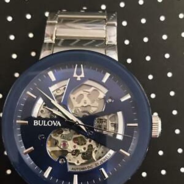 BULOVA ACCUTRON AUTOMATIC SKELETON WATCH DISPLAY BACK NAVY BLUE 96A204 ...