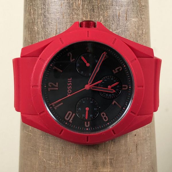 Fossil Men FS5289 Multifunction Red Rubber Round 43mm Quartz Analog ...