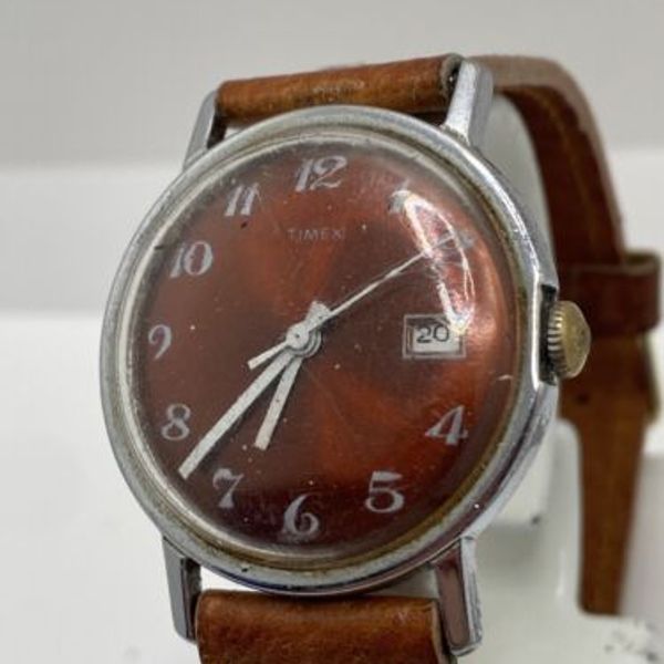 Vintage Timex Mechanical Watch Brown Band Red Face Works! | WatchCharts ...