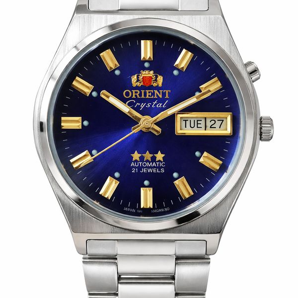 Orient Crystal Automatic Three Star Men Watch Blue Dial Day Date 21 ...