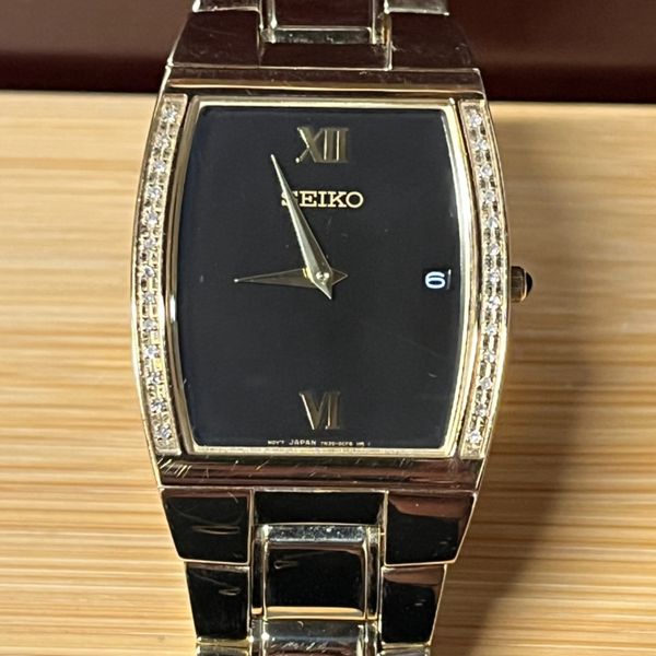 SEIKO 7N39-0BL0 Men's Gold Tone Diamond Bezel Tonneau Tank Watch NEEDS ...