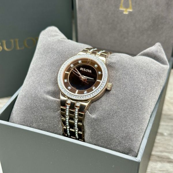 NEWâ CRYSTALSâ Bulova Phantom Rose Gold Steel Brown Dial Womens Watch ...