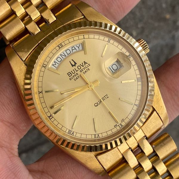 Rare Bulova Super Seville Day Date President Gold Quartz Fluted Watch ...