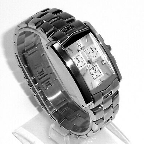 BULOVA $425 MENS SILVER STNLSS STEEL CHRONOGRAPH WATCH, SQUARE DIAL ...