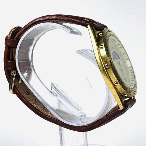 Vintage Elgin Sportsman Quartz Watch Moon Phase Gold Tone Bezel Brown ...
