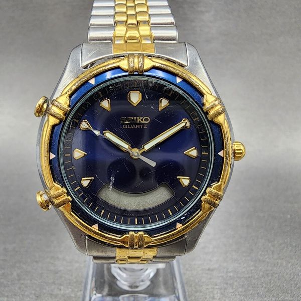 Seiko Analog Digital Watch Men 39mm Blue Dial Two Tone Round READ ...