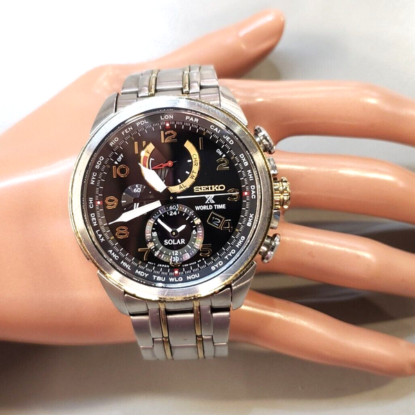 Seiko World Time Men's Solar Chronograph Wristwatch AS IS Not Currently ...