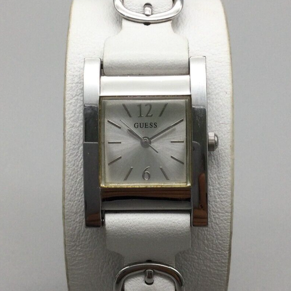 Guess Tank Watch Women 22mm Silver Tone White Leather Cuff Band New ...