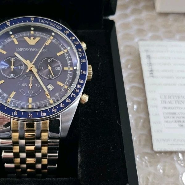 Emporio Armani Tazio Mens Watch AR6088 Two Tone Blue Dial 46mm Face ...