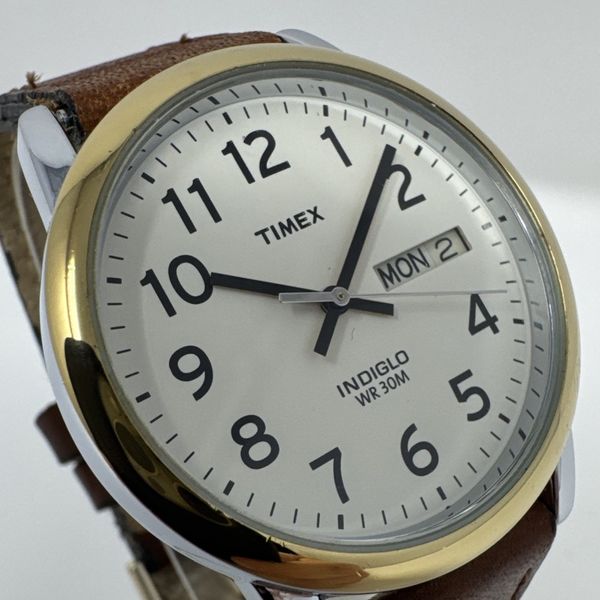 Timex Easy Reader White Dial Gold Tone Brown Leather Strap New Battery ...