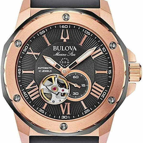 New Bulova Marine Star Open Heart Black Dial Silicon Band Men's Watch ...