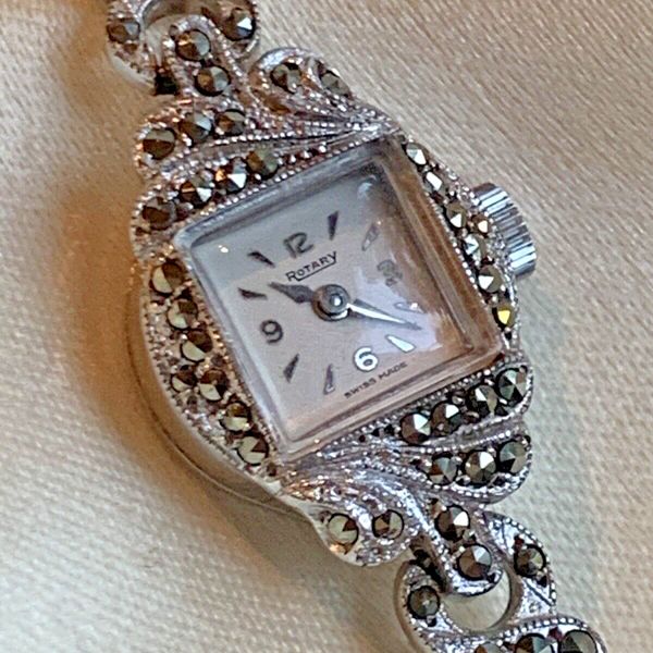 Art Deco Rotary Sterling Silver And Marcasite Handwind Watch With ...