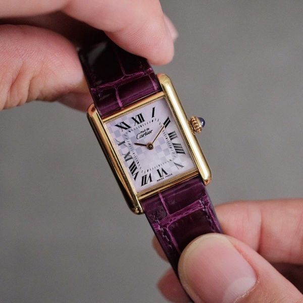 🔥 Full Set! Cartier Must de Cartier Tank Vermeil MM Purple Chessboard ...