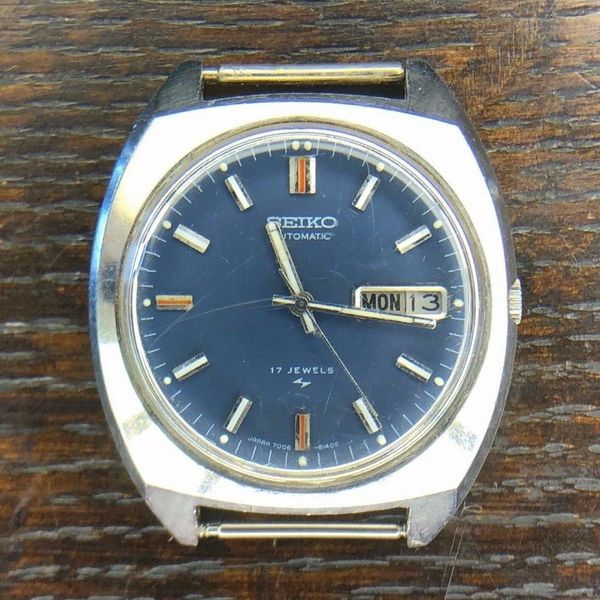 VINTAGE WRISTWATCH SEIKO 17 JEWEL AUTOMATIC 37mm BLUE DIAL FACE 7006 ...
