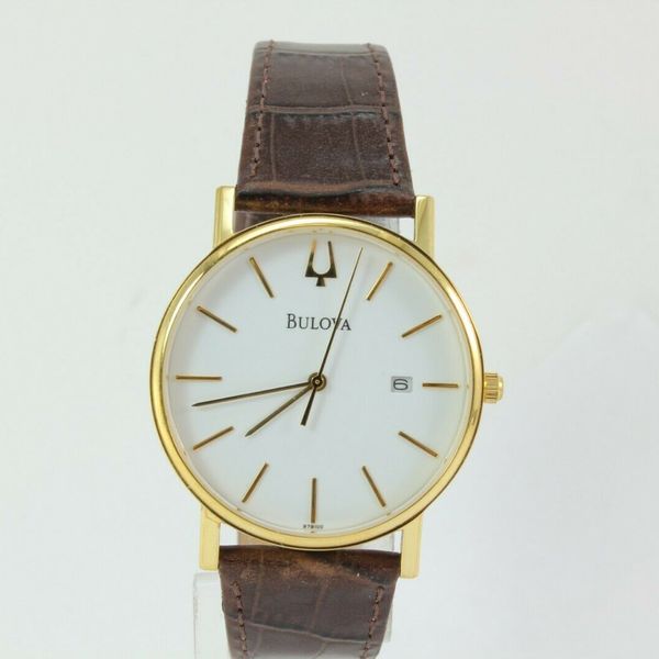 BULOVA WHITE DIAL GOLD TONE CASE BROWN LEATHER BAND DATE MENS WATCH ...