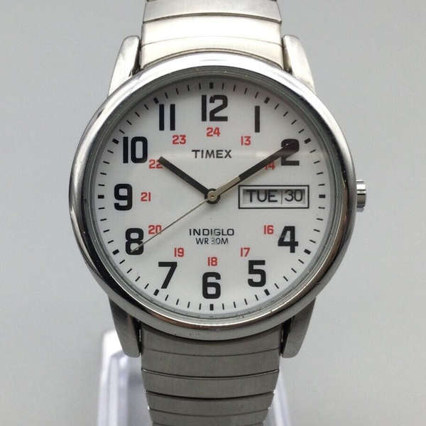 Timex Watch Men Indiglo 35mm Silver Tone Day Date Stretch Band New Battery f1 | WatchCharts ...