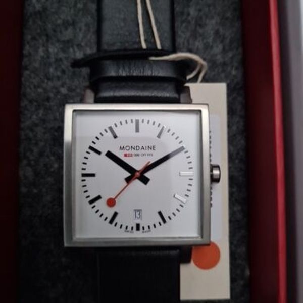 Mondaine Evo Square, Silver Face, Black Leather Strap Watch ...