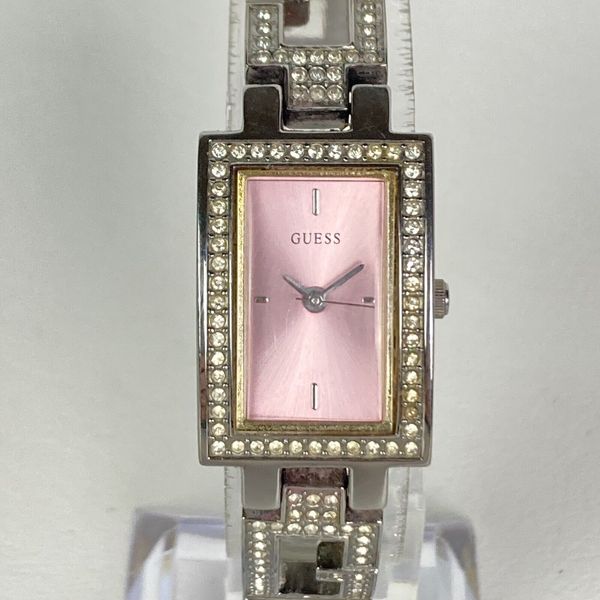 Guess Tank Watch Women Silver Tone Pink Pave Bling Logo Band New ...