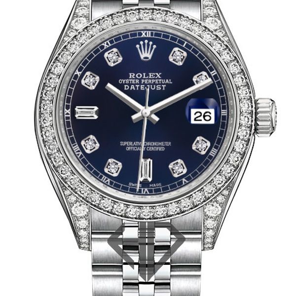 Lady 26m Rolex Datejust SS Jubilee RN Navy Blue Baguette Dial Diamond ...
