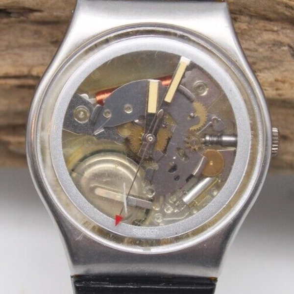 SWATCH BODY & SOUL WATCH 8415-P 1988 BLACK BAND CLEAR FACE 33.6mm RUNS ...