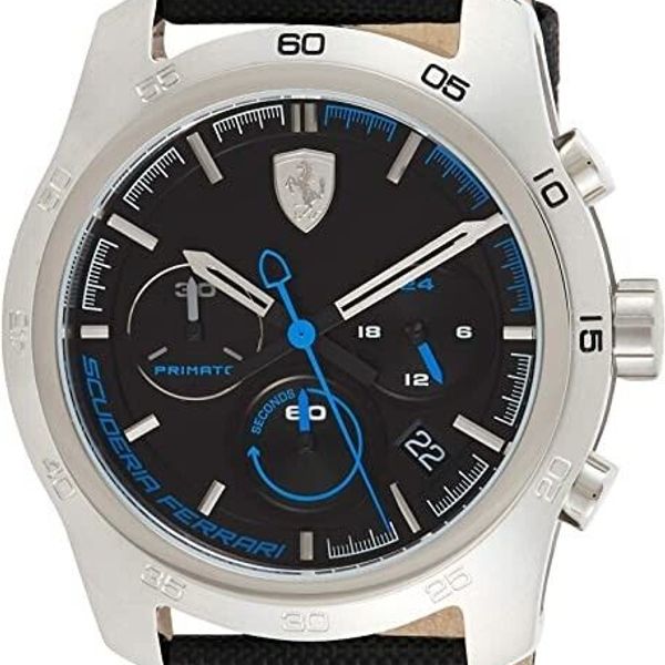 Ferrari Primato Chronograph Black Blue Dial Leather Strap 44mm Watch ...