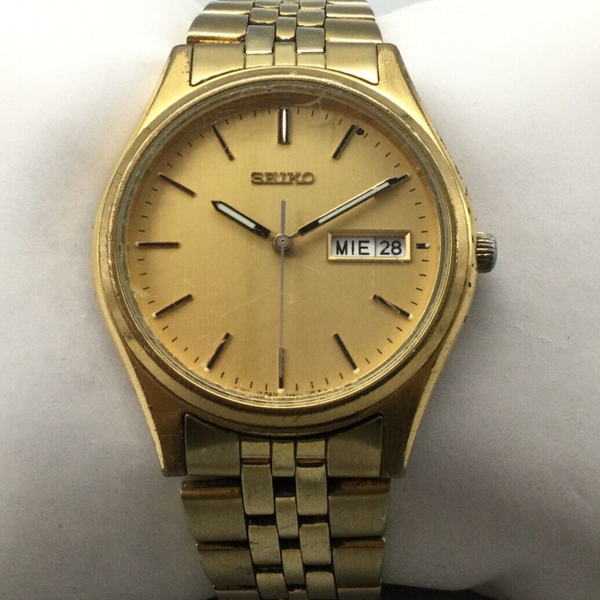 Vintage Seiko Watch Men 36mm Gold Tone Day Date 7N43-9048 New Battery 6.75" | WatchCharts ...