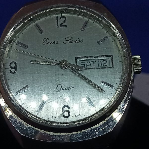 Vintage Ever Swiss Mens Silver Tone Day Date ETA 536 121 Quartz Swiss ...