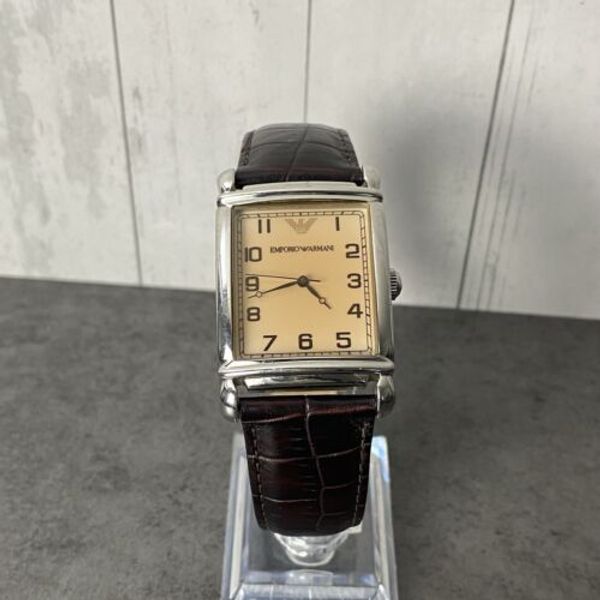 Emporio Armani Mens Watch AR-0203 Sepia Dial Tank Stnl.Steel Leather ...