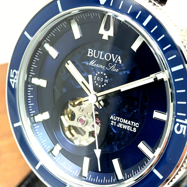 Bulova Men's Watch 96A291 Marine Star Automatic Silver Blue Dial Rubber ...