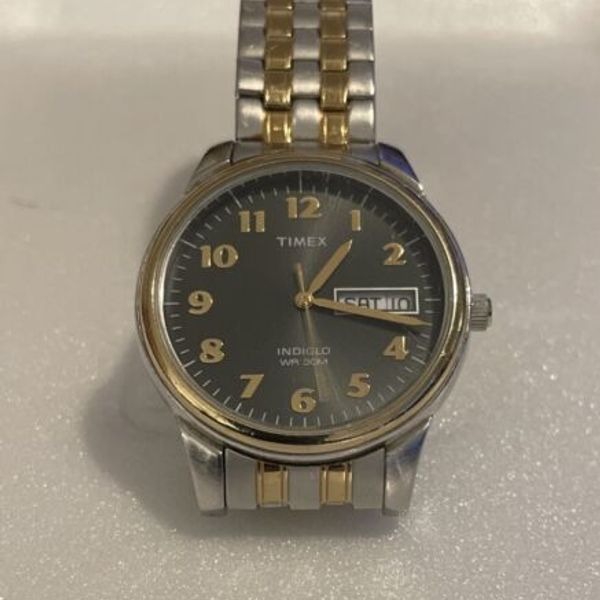Timex Indiglo WR 30M Men's Watch - Gold Color Accent . Always Displays ...