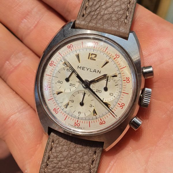 WITHDRAWN Meylan Chronograph tonneau case with Red Decimetre, 1960s/70s ...
