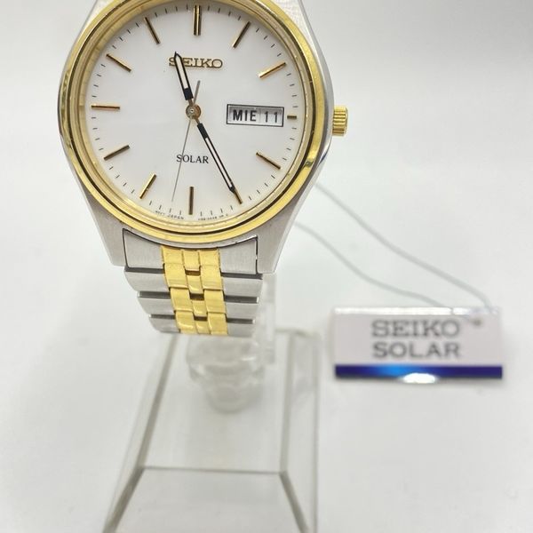 Amazing 38mm Seiko Solar A4 Menâ s White Dial Two-Tone Bracelet Dress ...
