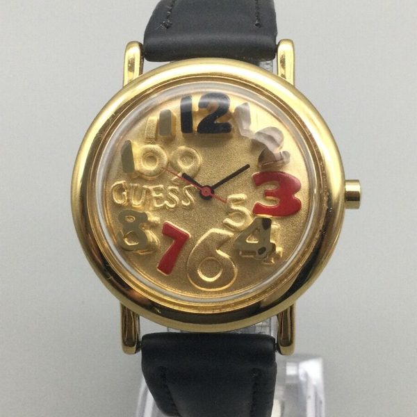 Vintage Guess Watch Unisex 36mm Gold Tone Logo 3D Dial 1994 Leather New ...