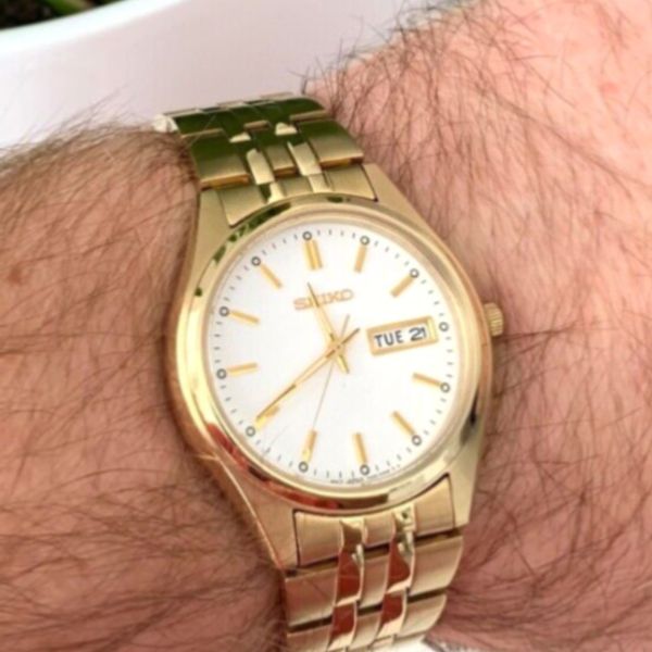 SEIKO gold tone Quartz day/date men's watch 7N43-0BF0 | WatchCharts Marketplace