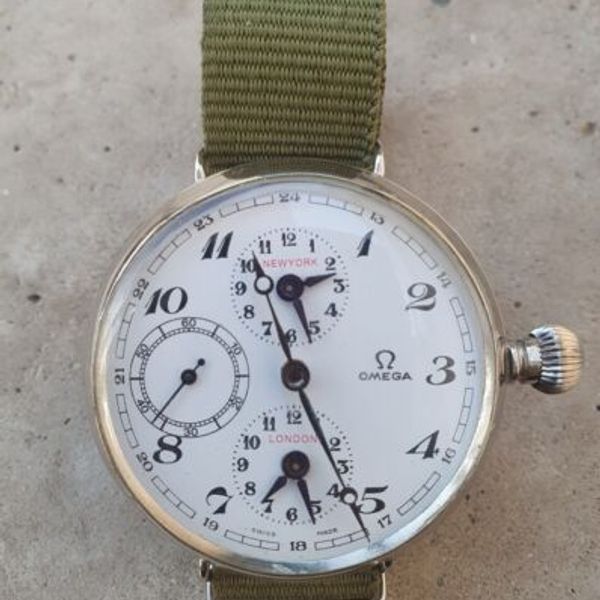 A very nice Omega WW1 trench triple Time watch "LOS ENGELES & NEWYORK ...