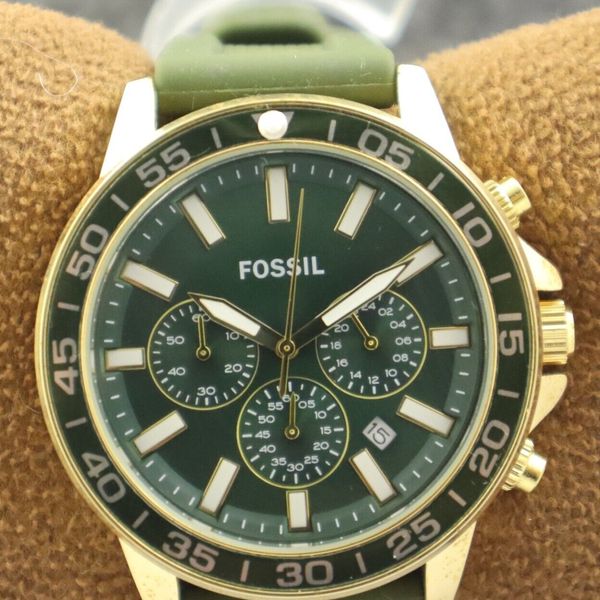 Casual Fossil Chronograph Men Green Dial Date Quartz Wristwatch Rubber ...