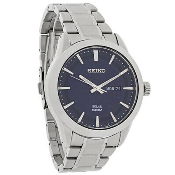 Seiko Solar Mens Blue Day/Date Dial Stainless Steel Bracelet Watch ...