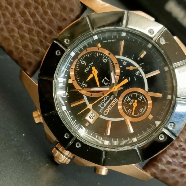 Authentic Seiko Chronograph 100M Men's Black Dial Rose Gold Quartz 7T62 ...