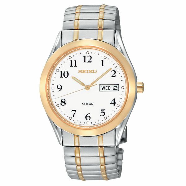 Seiko Solar White Dial Two Tone Stainless Steel Stretch Band Men's ...
