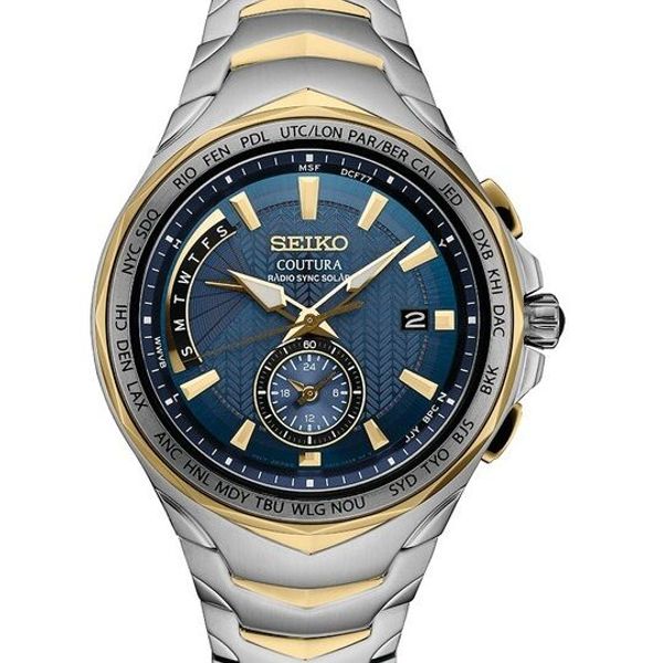 New Seiko Coutura Radio Sync Solar World Time Two Tone Steel Mens Watch ...