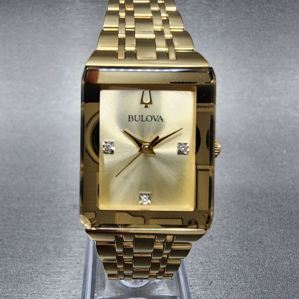 Bulova Quadra Tank Watch Women 20mm Gold Dial Gold Tone Rectangle ...