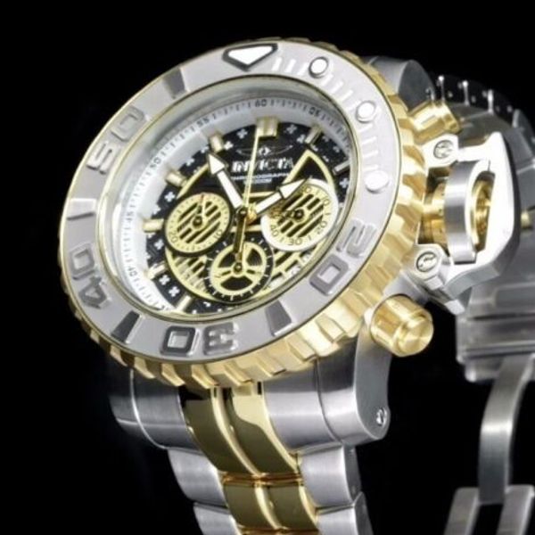 Invicta Sea Hunter III Black 70mm Full Swiss Movt 2 Tone Gold Plated ...